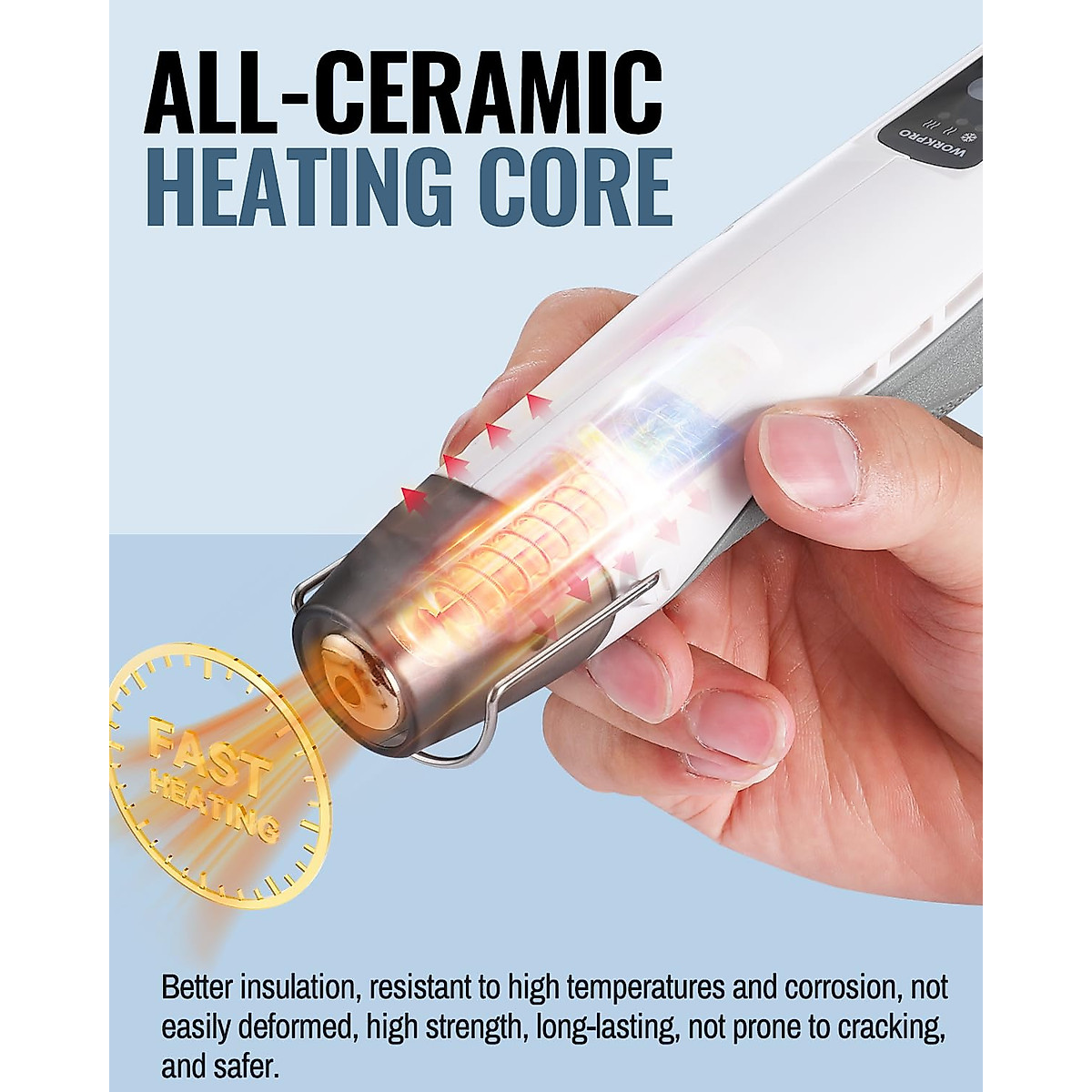 WORKPRO 7.2V Mini Cordless Heat Gun, 680℉ Hot Air Gun with Reflector Nozzle, 3 Temp Settings - Cool Air, 302℉(150℃)/680℉(360℃), Fully Ceramic Heating Core for Craft Embossing, Shrink Wrapping PVC