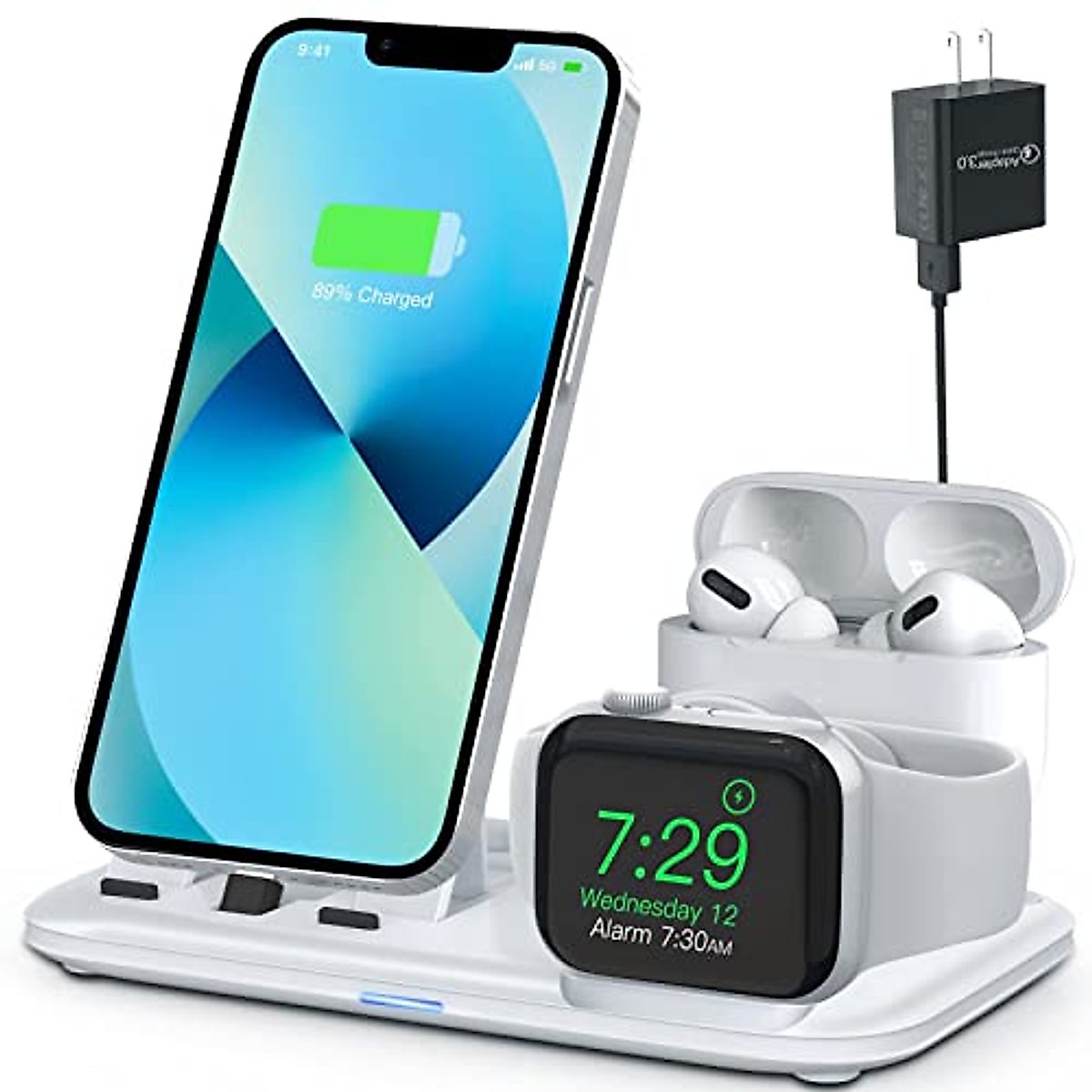 OLEBR 3 in 1 Charging Station for Multiple Devices Apple Bedside Charging Stand for iPhone and Apple Watch 7/6/SE/5/4/3/2/1 Charging Dock for AirPods Pro/3/2/1 (with 12W Fast Charger) White