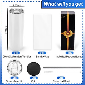 Joyclub 16 Pack Sublimation Tumblers Blank 20 oz Straight Skinny bulk for Heat transfer, Double Wall Insulated Tumbler with Individually Gift Boxed and Shrink Wrap Films