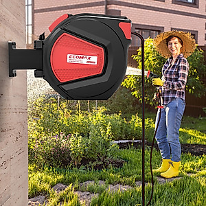 ECOMAX ELG09 1/2in. x 100ft Retractable Garden Hose Reel, Heavy Duty Water Hose Reels, Any Length Lock, Slow Return System, 8 Pattern Hose Nozzle, Wall-mounted & 180° Swivel Bracket, Black & Red