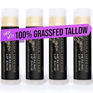 BALM OF GILEAD Manuka Defense Healing Lip Balm - Intensive Moisture Therapy in Tube w/Manuka, Tea Tree & Cooling Peppermint - Ideal for Chapped & Cracked Lips - Beauty Pack Of 4-0.15 oz
