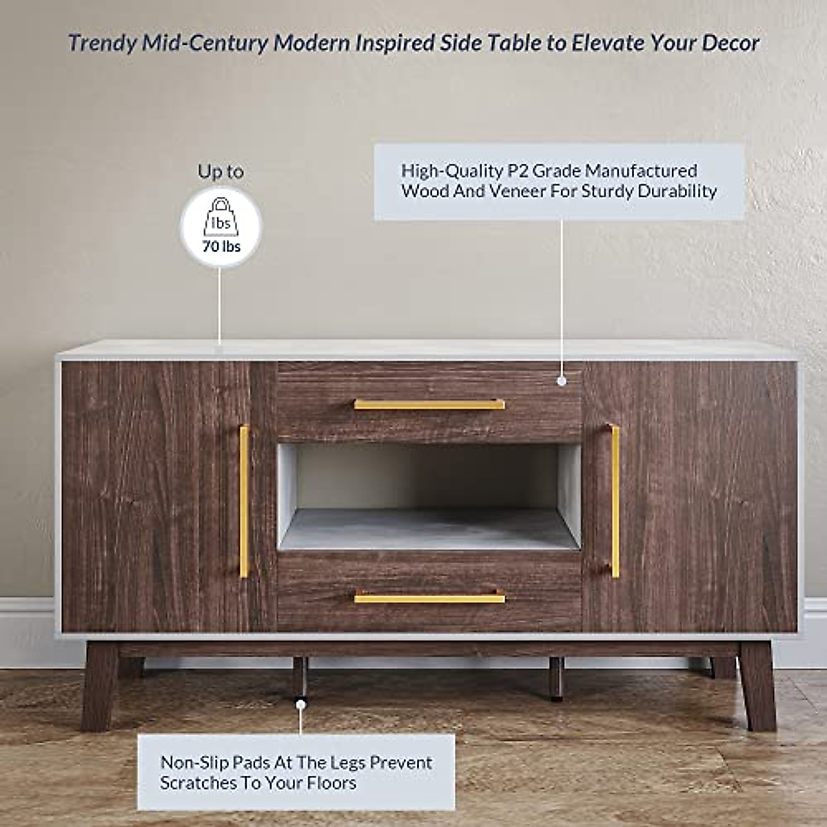 BELLEZE Mid-Century Modern Side Table with Two Drawers and Enclosed Cabinets, Sideboard Buffet Table for Kitchen, Living Room, or Hallway - Tristan (Dark Walnut)
