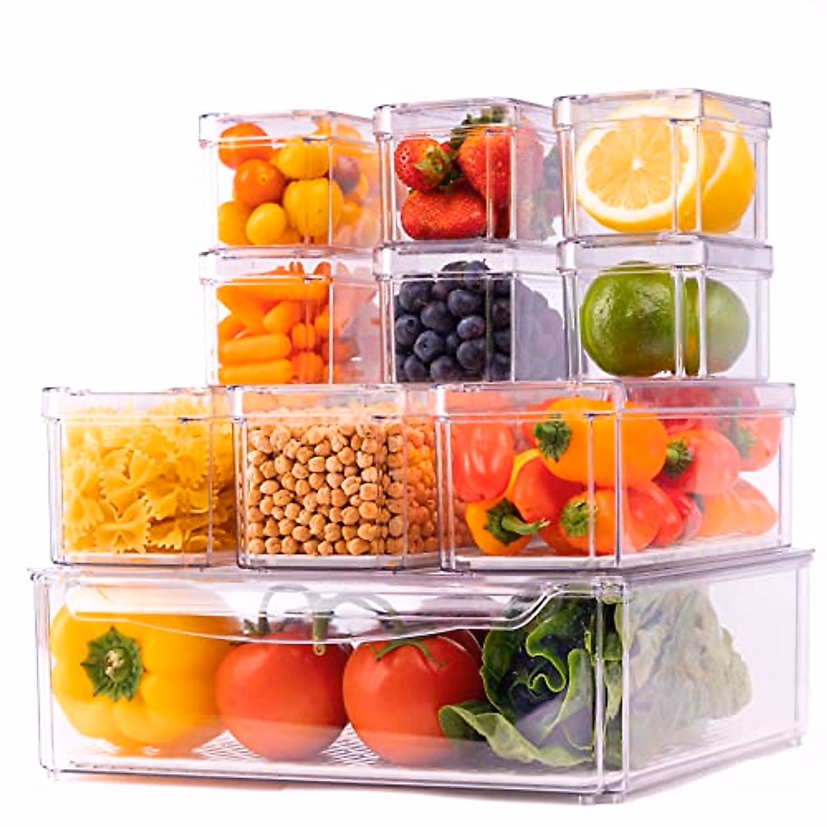 CLEARISTO 10 Pack Fridge Organizer - Stackable Refrigerator Organizer Bins with Lids - BPA-Free Fridge Organizers and Storage - Clear Fridge Storage Containers for Produce, Fruit, Vegetable