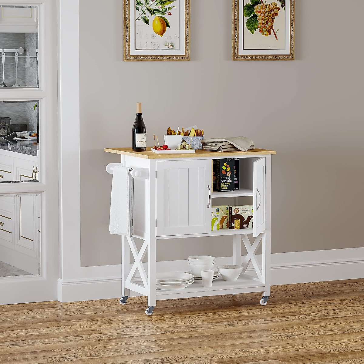 Spirich Kitchen Island on Wheels, Rolling Kitchen Cart with Storage Cabinet, Small Kitchen Island with Drop Leaf and Towel Rack for Dining Room, White