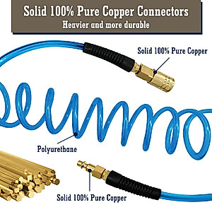WHISPERING WONDER Polyurethane Recoil Air Hose,1/4 in x 25 ft Air Compressor Hose with Bend Restrictor, Air Hoses with 1/4 Solid Pure Copper Quick Connect Fittings and I/M Plug Kit, Blue