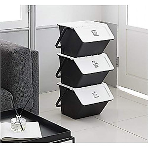 Nature Living Modern Daily Stackable Organizer Stores Recycling Bin Container with Lid, Handle, Recycle Sticker Trash Bin Label, Tools and Toys, Handy Recycler, 3 Pack of Bins, Black and White