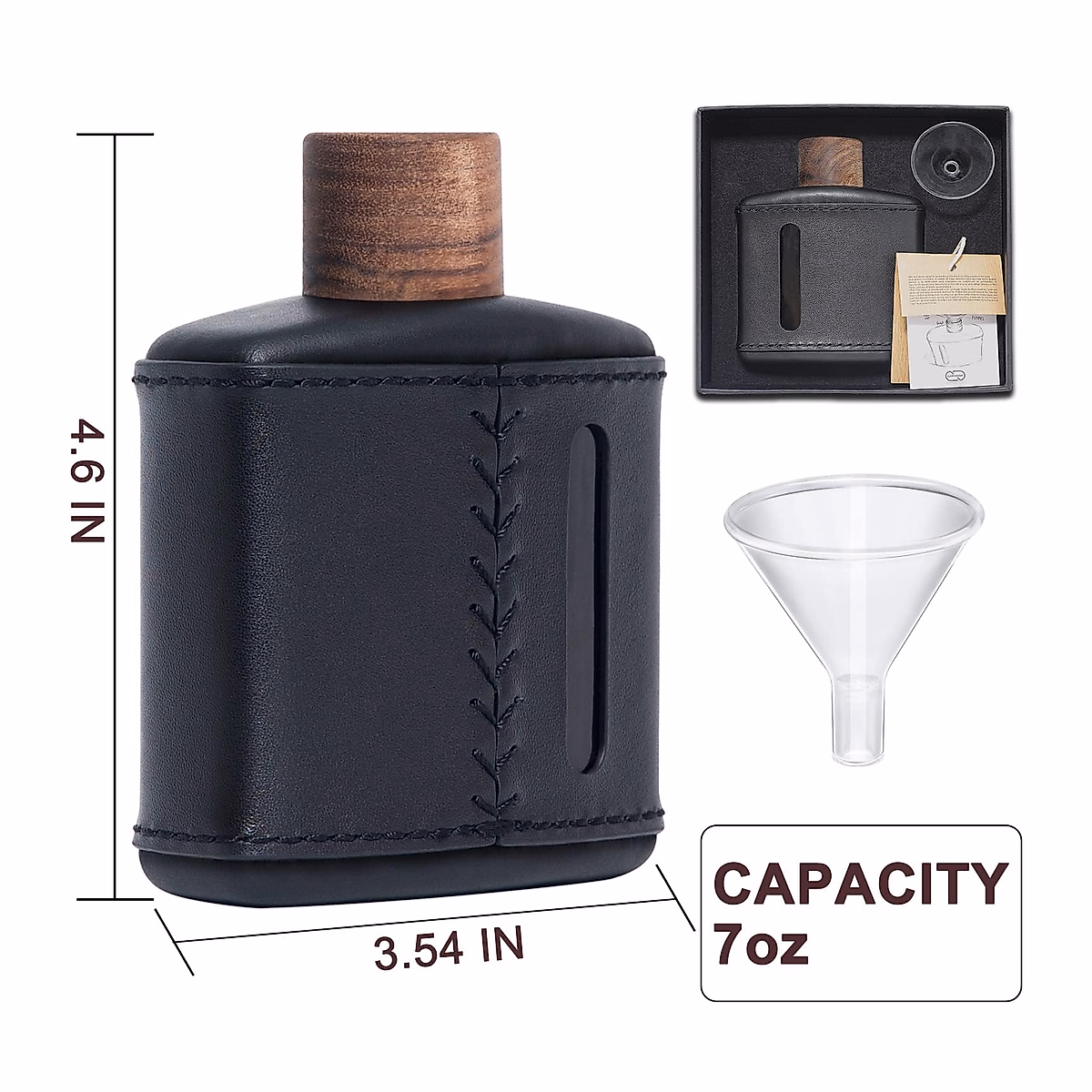 Garybank Handmade Genuine Leather Hip Flasks for Liquor for Men, Glass Whiskey Flask with Funnel & Wood Lids Leakproof for Hennessy Liquor & Spirits, Premium Whiskey Set Gifts Idea (Black, 200ml)