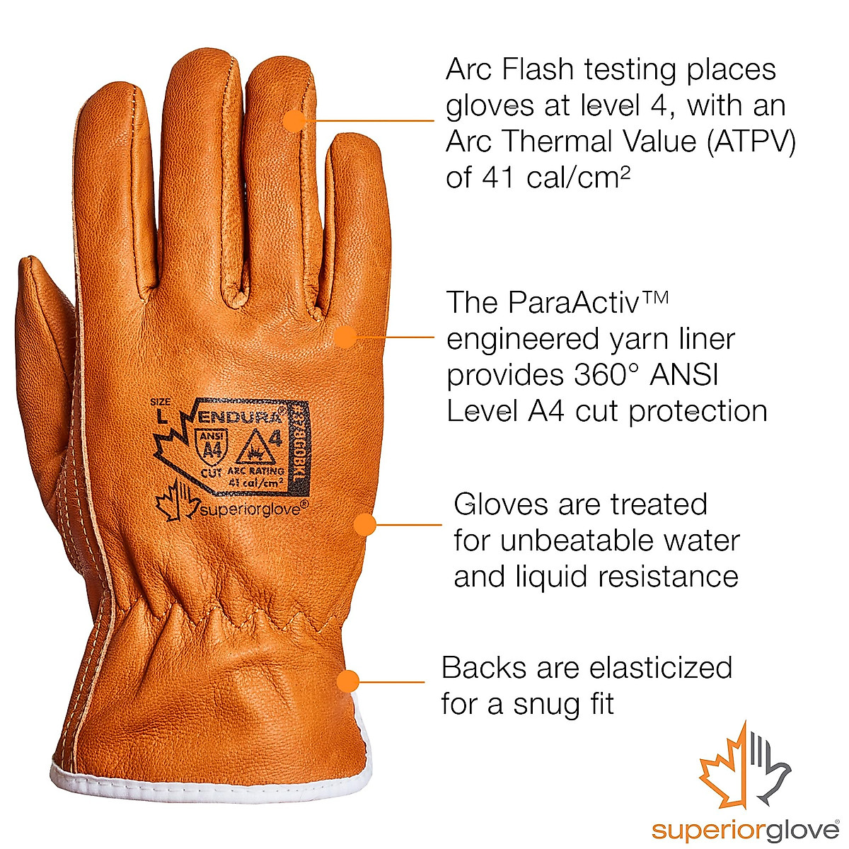 Superior Glove Goat Grain Leather Work Arc Flash Gloves with ParaActiv Cut Resistant Protection - Endura Safety Gloves Water Resistant 378GOBKL (1 Pair) Size Large