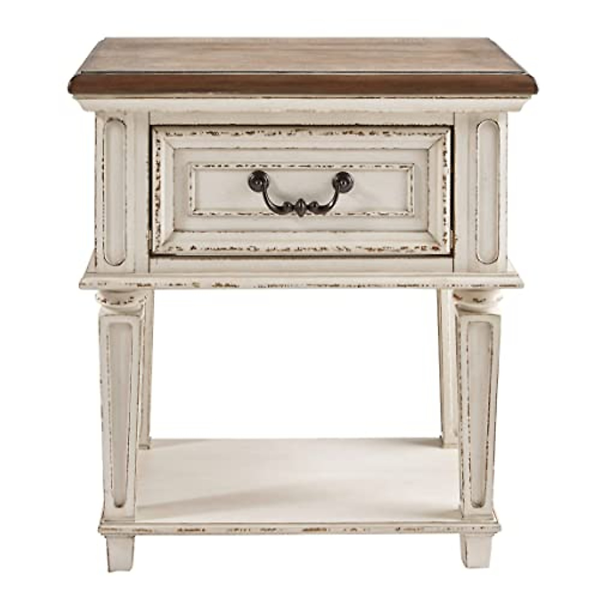 Signature Design by Ashley Realyn Traditional Cottage 1 Drawer Nightstand with Dovetail Construction & Open Display Shelf, Chipped White, 27" Tall, Distressed Brown