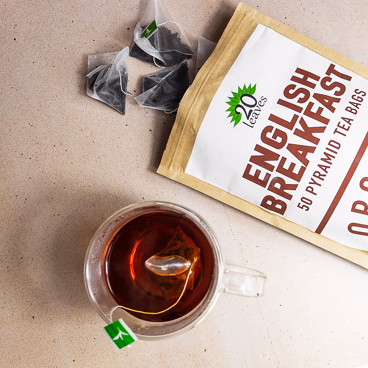 English Breakfast Black Tea - 100% Certified Organic - 50 Pyramid Tea Bags Sachets in a Resealable Bag