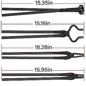 Blacksmith Forging Tools Knife Making Tongs Set Fire Tongs Anvil Blacksmithing Tongs Forge Tools Includes V-Bit Bolt Tongs, Wolf Jaw Tongs, Flat Tongs, Blade Tongs (Pack of 4)