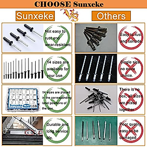 Sunxeke 500pcs Pop Rivets Aluminum Rivets Assortment Kit (3/32 1/8 5/32 3/16 1/4 inch),14 Sizes Assorted Blind Rivets for Assembling RV,Furniture and Plastic Frame Windows(Black)
