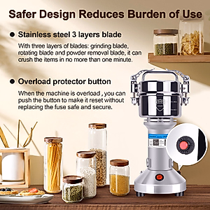 Greatrue 150g Electric Grain Mill Grinder, 304 Stainless Steel Grain Mill, 1500W High Speed Spice Grinder, Electric Grain Mill for Dry Wheat, Oats, Corn, Pepper and Coffee Beans