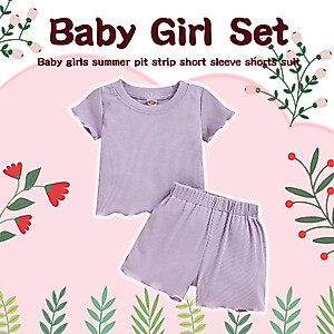 Dimoybabe Toddler Girl Clothes 2T Toddler Girl Summer Outfits Clothes Set Ruffle Ribbed Short Sleeves T-Shirt Tops Shorts Comfy Outfits (Light Purple Ruffle, 2-3T)