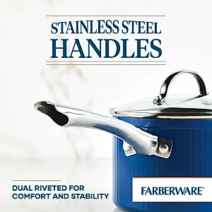 Farberware Style Nonstick Cookware Straining Saucepan with Lid, 3 Quart, Blue