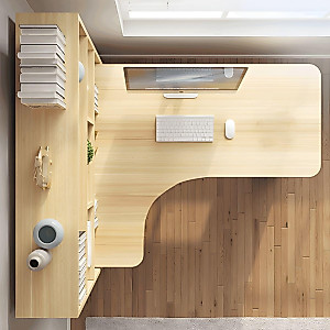 LAKIQ Modern L-Shaped Corner Desk with Bookshelf Engineered Wood Home Writing Desk with Hutch Rectangular Home Office Computer Desk with Storage Shelves(Light Walnut, 47.2" L x 23.6" W x 63" H)