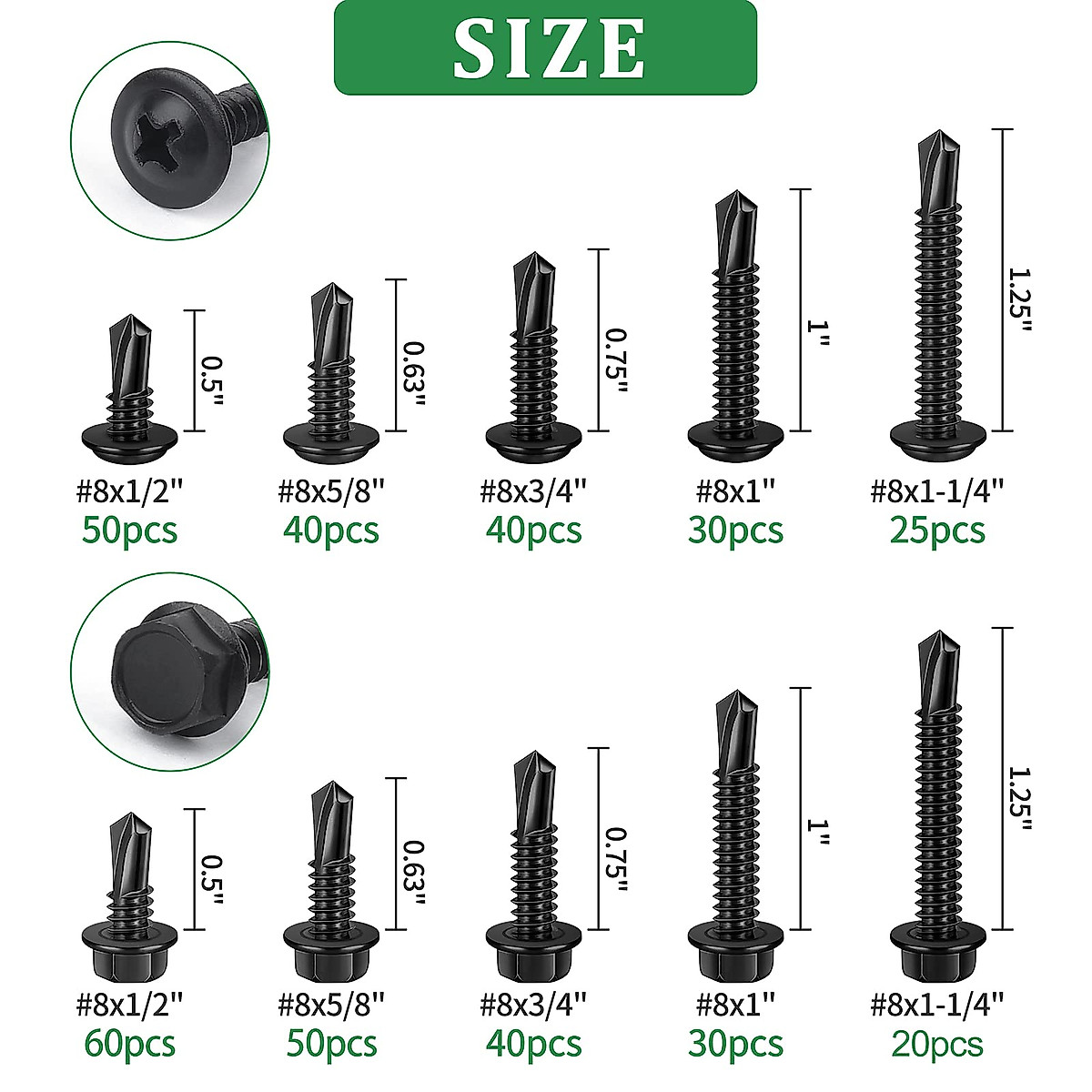 FOLIV 385PCS #8 Self Drilling TEK Screw Assortment Kit, 410 Stainless Steel Black Self Tapping Tcrews, Hex Washer Head & Modified Truss Head Black Screws, Length 1/2" to 1-1/4"
