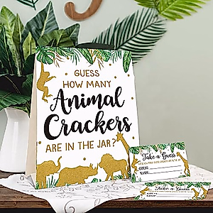 Gold Safari Baby Shower Decorations Supplies Guess How Many Animal Crackers Game with Standing Sign 30 Cards