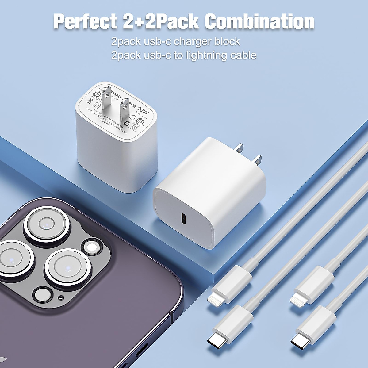 iPhone Charger [Apple MFi Certified] 20W PD USB C Charger Block with USB C Lightning Cable 6FT Compatible with iPhone 14/13/12/11/Pro/Pro Max/XS/Max/XR/, iPad, AirPods (2+2 Pack)