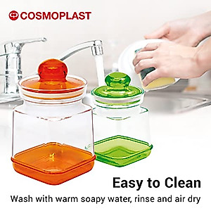 Cosmoplast Barocco Square Canister Collection, BPA-free food and pantry storage with airtight lid for coffee and tea storage, brown sugar. Orange. 5 pc set includes 2 mini, 1 small, 1 medium, 1 large