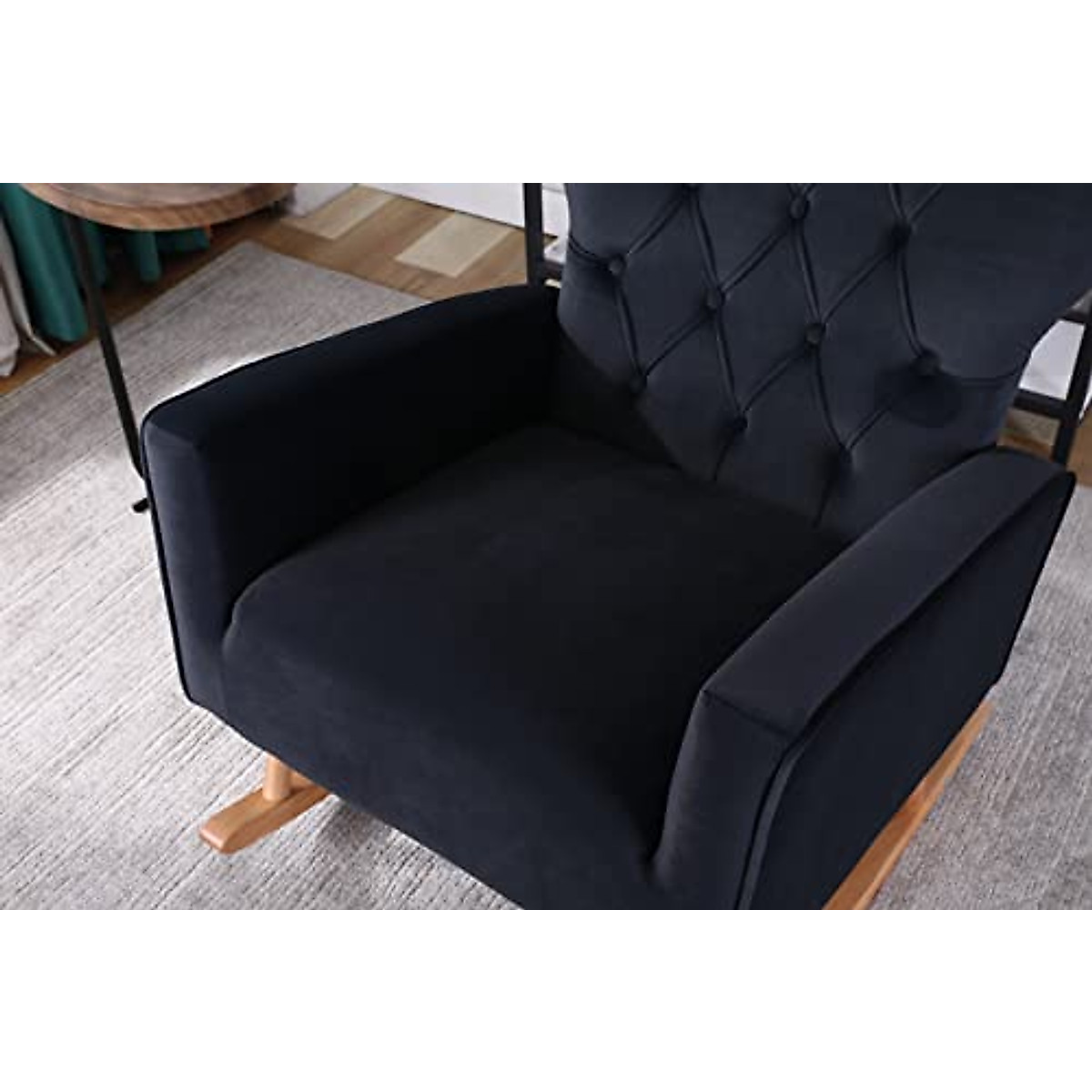 OUYESSIR Rocking Chair Nursery, Upholstered High-Back Glider Chair, Comfortable Rocker Fabric Padded Seat, Modern Leisure Single Accent Arm Chair for Living Room, Hotel, Bedroom (Black)