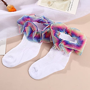Hopply Toddler Girls Double Lace Socks Turn Cuff Shimmering Big Ruffle Rainbow Style Dress Lace Socks for Infant Kids