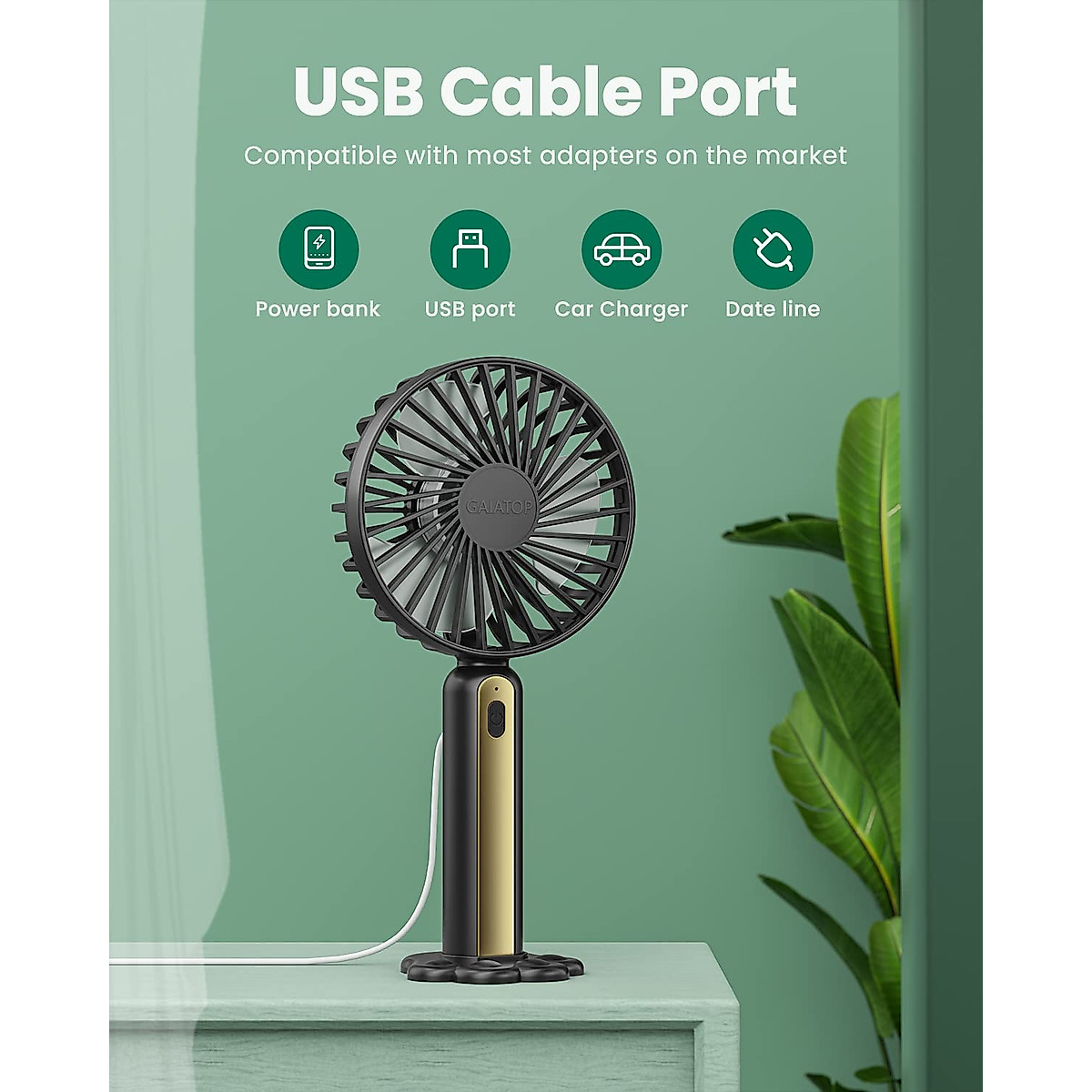 GAIATOP Handheld Fan with USB Rechargeable Personal Fan，3 Speed Adjustable Portable Fan for Travel, Commute, Picnic, Office-Black, Small Makeup Eyelash Fan for Women Girls Gift