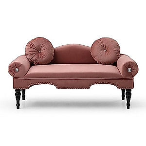 JINS&VICO Velvet Upholstered Loveseat Sofa with Rolled Arms and Curved Backrest, Accent Bedside Entryway Bench with Wooden Legs, 2-Seater Couch with 2 Pillows and Nail Head Trimming for Living Room
