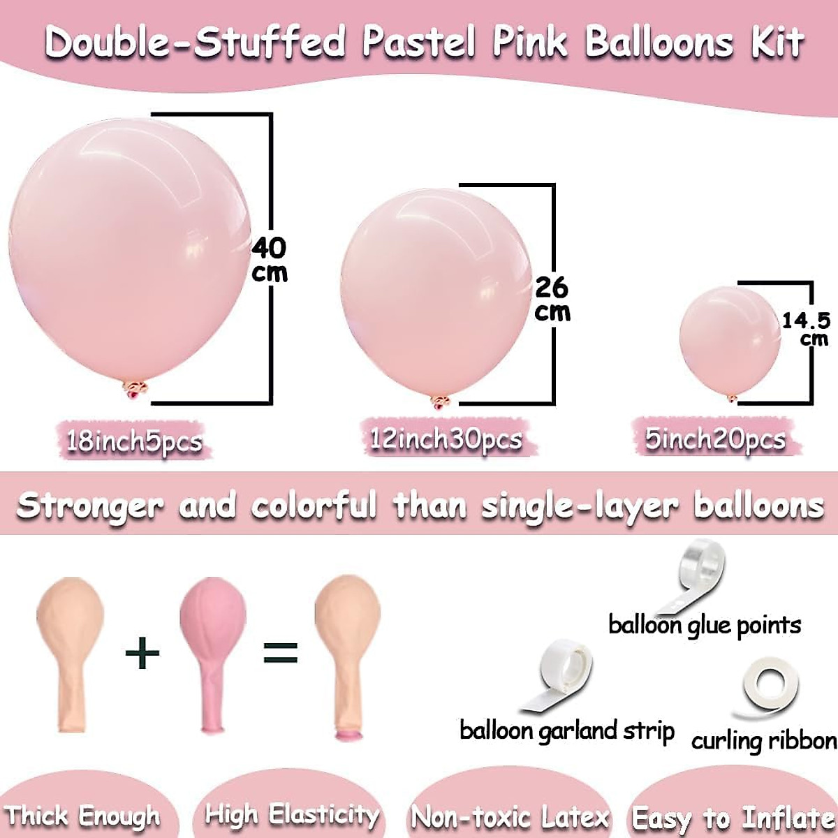 Pastel Pink Balloon Garland Kit Double Stuffed Light Pink Baby Pink Balloon Arch Different Sizes 18/12/5 Inch Latex Balloons For Baby Shower Wedding Gender Reveal Princess Birthday Party Decorations