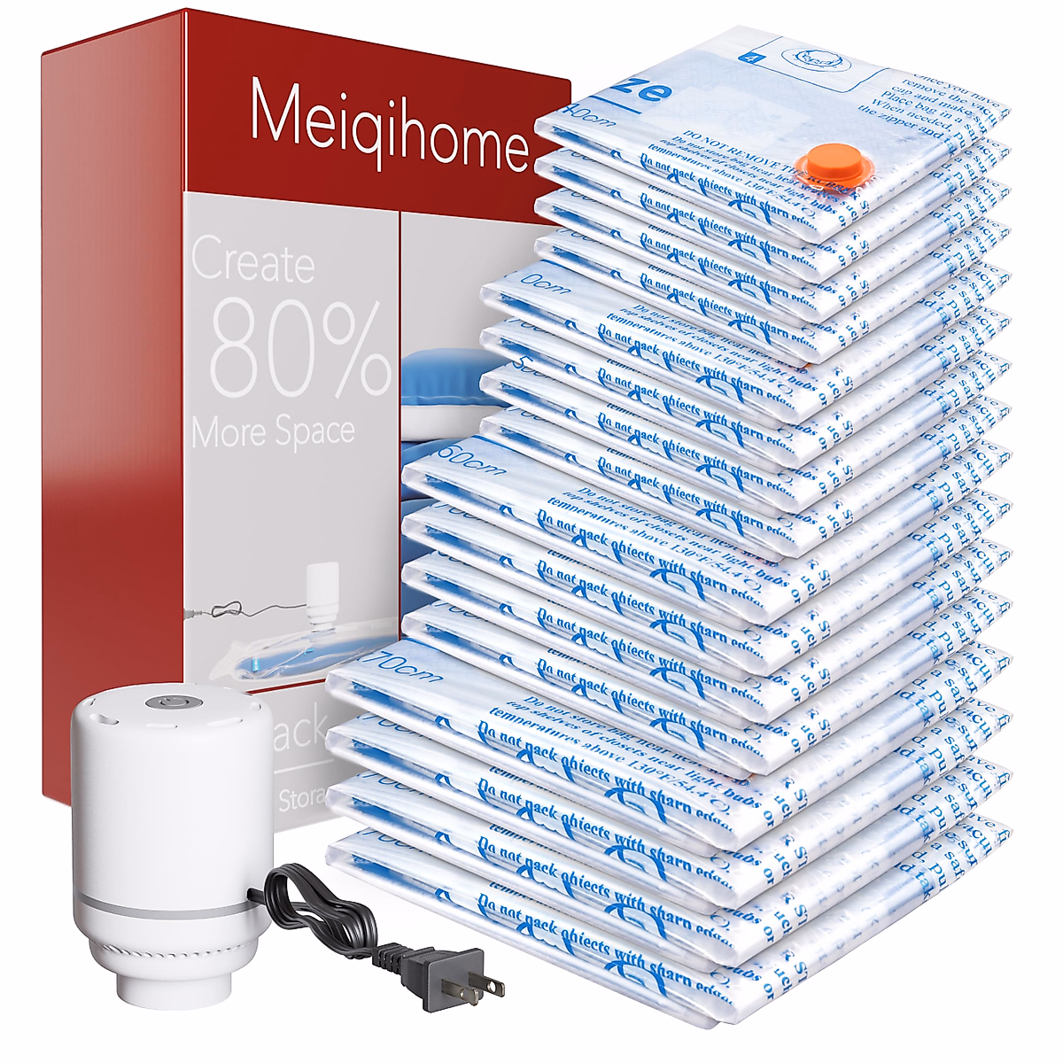 16 Pack Vacuum Storage Bags with Electric Air Pump，4 Jumbo,4 Large,4 Midium,4 Small Bags Space Saver Sealer Bags, Airtight Compression Bags for Clothes, Pillows, Comforters, Blankets, Bedding