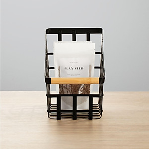 mDesign Slim Slanted Metal Wire Kitchen Storage Basket Bin Organizer with Wood Handle for Pantry, Cabinet, Cupboard, or Countertop Organization - Yami Collection - Matte Black/Natural