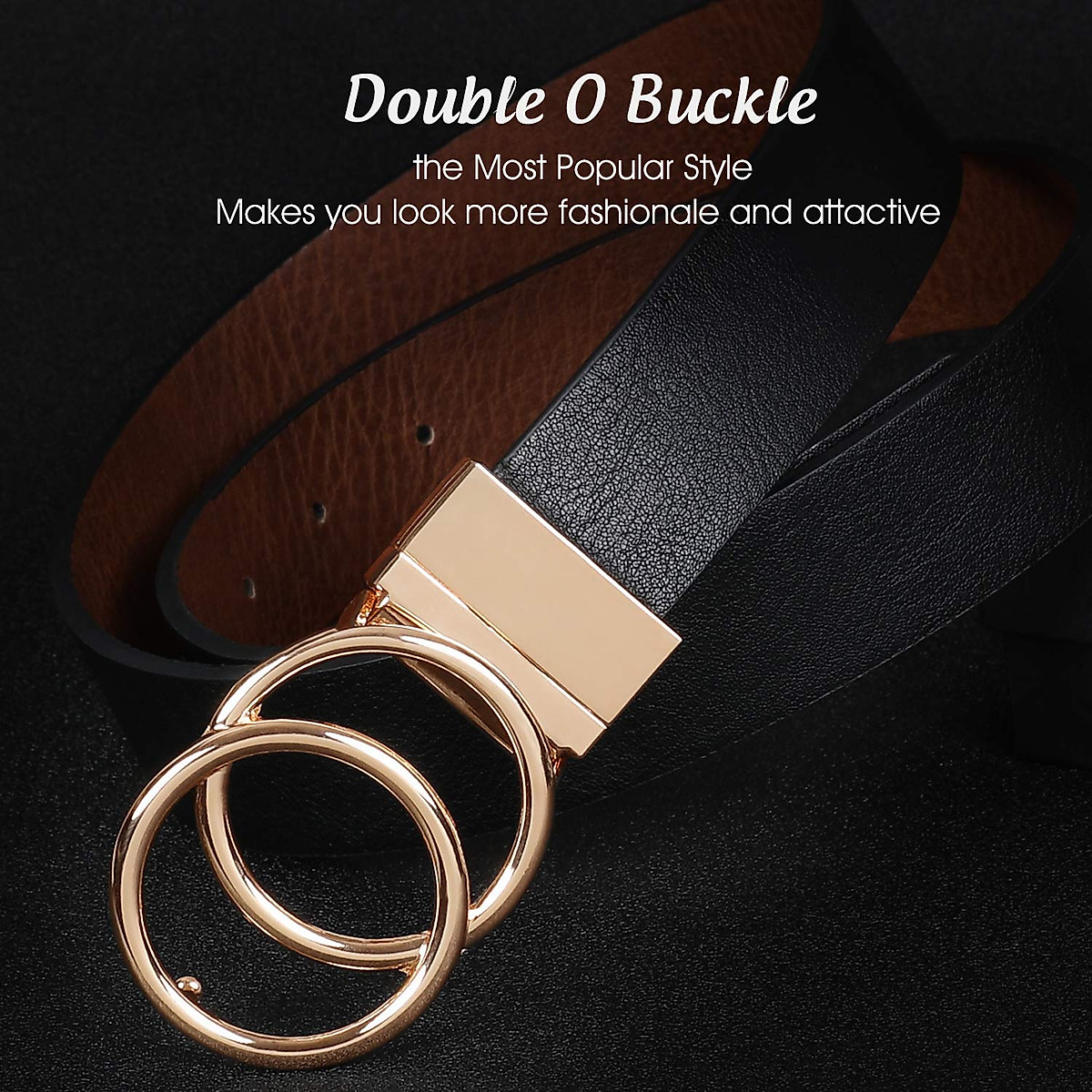 JASGOOD Women Leather Belt, Reversible Belt, Leather Waist Belt for Jeans Dress with Gold Double O Ring Rotate Buckle, A-Black/Brown, Fit Size 31"-35"