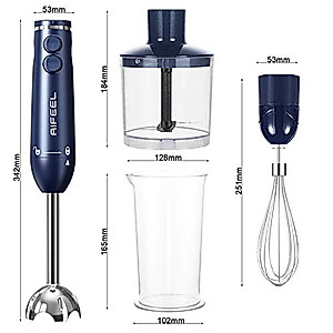 Aifeel Immersion Hand Blender.300W Handheld Stick Blender Set with 500ML Food Processor, Ice Crusher.600ML Measuring Cup, SUS blending attachment and Wire Whisk - Blue