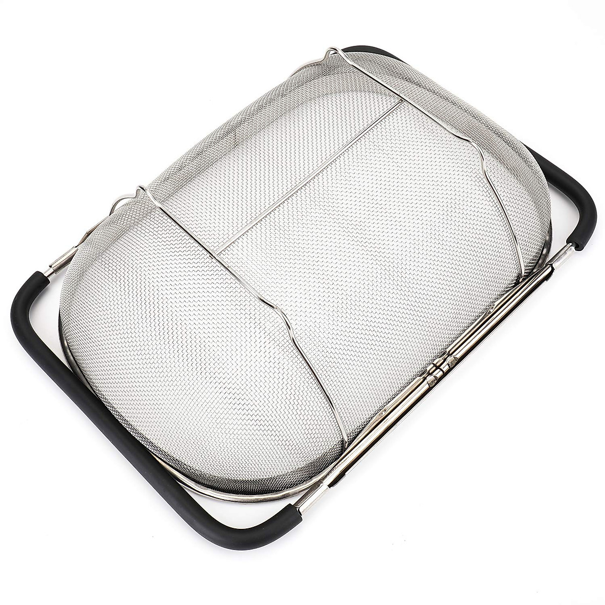 Suwimut 2 Pack Over the Sink Oval Colander for Kitchen, Stainless Steel Fine Mesh 6 Quart Strainer Basket with Expandable Rubber Grip Handles for Straining, Draining, Rinsing Fruits, Vegetables