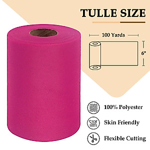 Fuchsia Tulle Fabric Roll 6 Inch by 100 Yards (300 feet) Sheer Tulle Ribbon for Halloween Party Decorations Tutu Gift Wrapping Valentine's Day Table Skirt Wedding DIY Crafts
