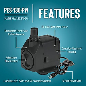 Little Giant PES-130-PW 115-Volt, 130 GPH Magnetic Drive Fountain/Pond Pump with 6-Ft. Cord, Black, 566716
