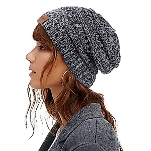 Womens Satin Lined Winter Cable Knit Beanie for Men Silk Lining Thick Chunky Cap Soft Slouchy Warm Hat (Mix Black)