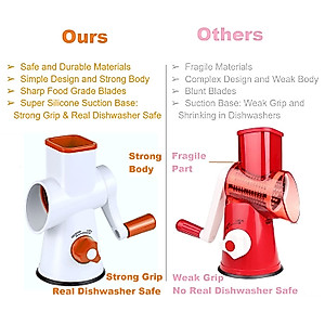 Rotary Cheese Grater - Round Vegetable Mandoline Slicer with 3 Cylinder Stainless Steel Blades, 100% Dishwasher Safe, Super Strong Grip