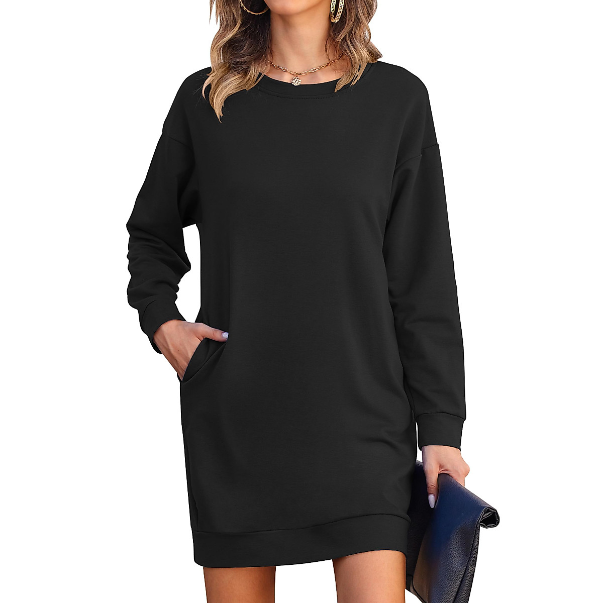 LuckyMore Plain Black Long Sleeve Sweatshirt Women Crewneck Loose Fit Sweatshirts Casual Clothes Fall Winter Fashion Large