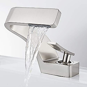 becola Bathroom Sink Waterfall Faucet,Solid Brass Single Handle Hot and Cold Water Mixer Tap, Lavatory Vanity Sink Faucet Including Two US Standard 3/8" Hoses(Brushed Nickel)
