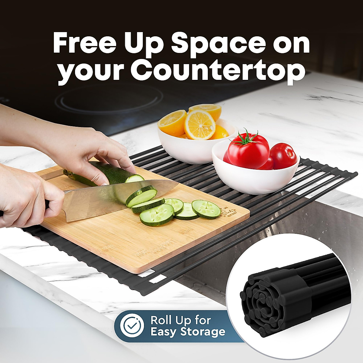 Zulay Kitchen Extra Large Roll Up Dish Drying Rack- Heavy Duty Silicone Wrapped Steel Rods Over Sink Dish Drying Rack - Versatile Roll Up Sink Drying Rack & Trivet (Gray),20.5 inches x 13 inches