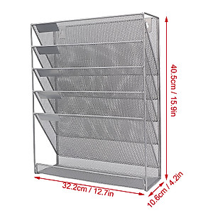 Wall File Organizer 5 Tier Silver Heavy Duty Metal Mesh Hanging Mail Magazine Rack 40 x 32 x 11 cm Vertical Paper Holder for Newspaper Folders