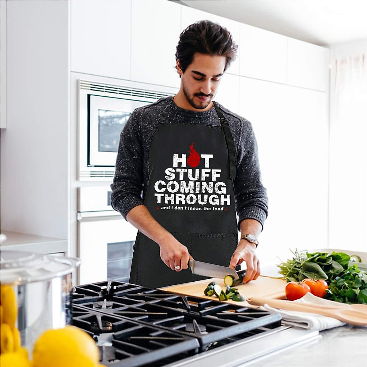 Rosoz Funny BBQ Black Chef Aprons for Men, Hot Stuff Coming Through, Adjustable Kitchen Cooking Aprons with Pocket Waterproof Oil Proof Valentine's Day/Birthday