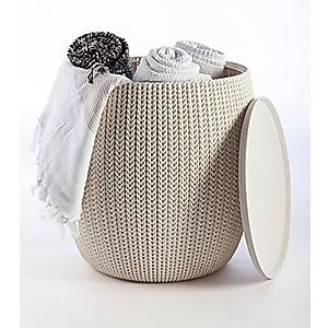 Keter Urban Knit Pouf Ottoman Set of 2 with Storage Table for Patio and Room Décor-Perfect for Balcony, Deck, and Outdoor Seating, Yellow & Gray