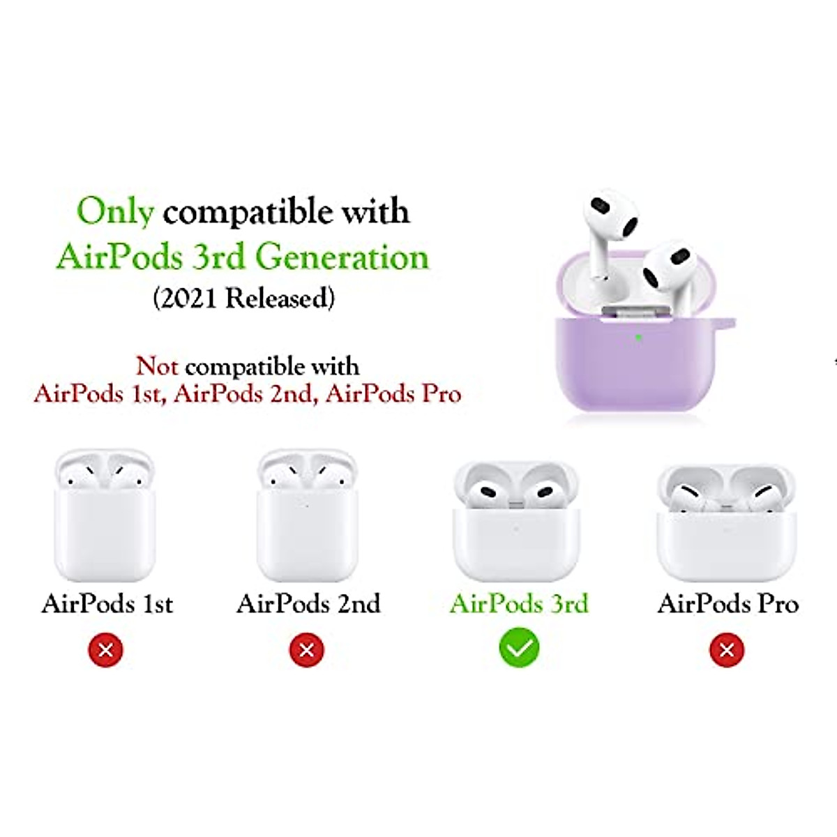 Protective Case Cover for Airpods 3 Charging Case, Soft Silicone Case Compatible with Air Pods 3rd Generation 2021 with Cute Ball Fluffy Pom Pom Keychain Kit (3rd, Lavender)