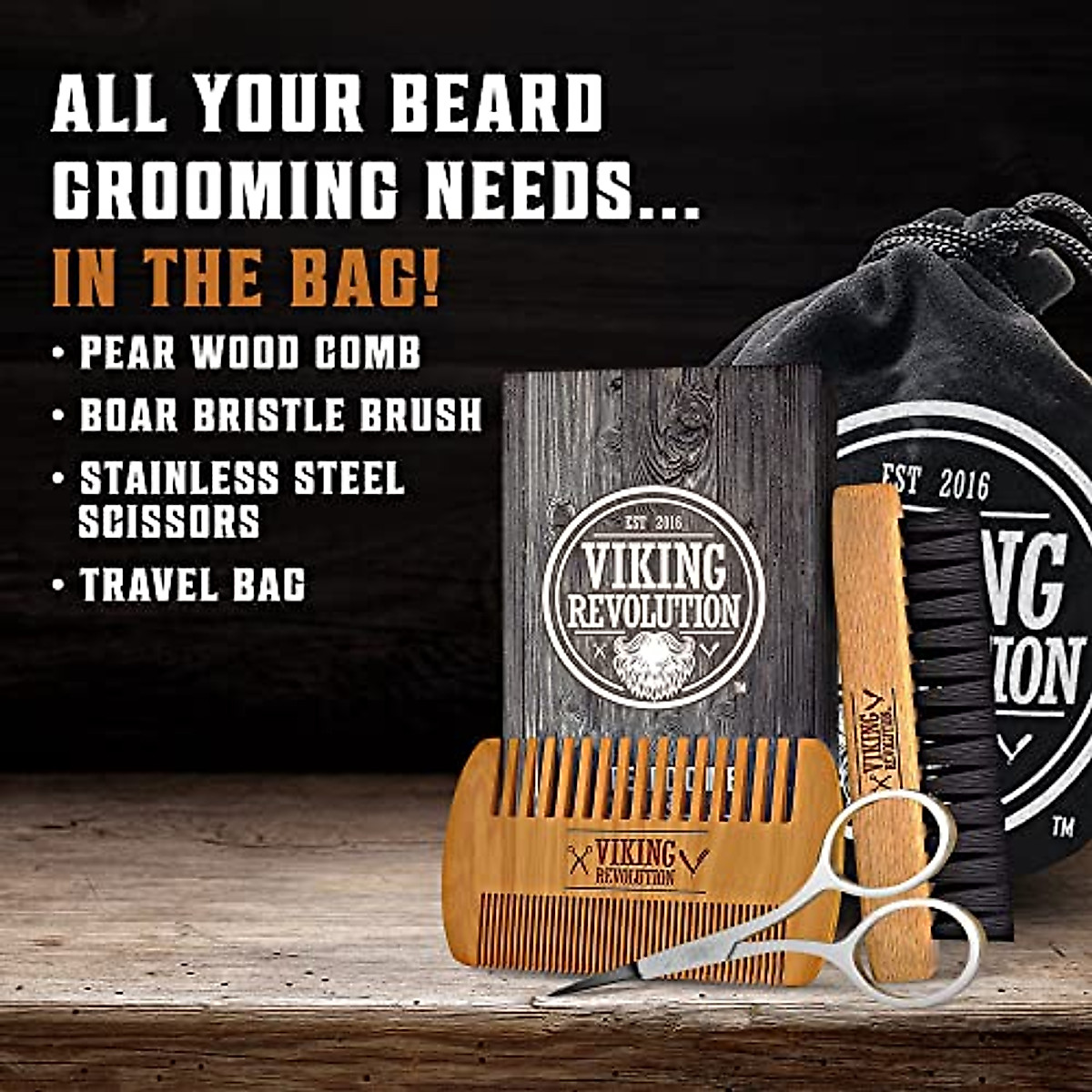 Viking Revolution Beard Comb & Beard Brush Set for Men - Natural Boar Bristle Brush and Dual Action Pear Wood Comb w/Velvet Travel Pouch - Great for Grooming Beards and Mustaches