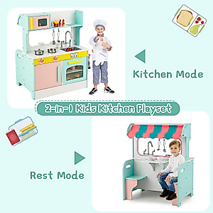 INFANS 2 in 1 Kids Play Kitchen and Restaurant, Double Sided Toddler Wooden Pretend Cooking Set with Stove Sink Microwave Storage Cabinet, Simulation Kitchen Toy Set for Boys Girls (Modern)