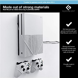 Xbox One S Wall Mount Solution by FLOATING GRIP - Mounting Kit for Hanging Game Consoles - Strong & Slim Ropes - Easy-to-Install System (Bundle: Fits XBOX One S + 2x Controllers, white)