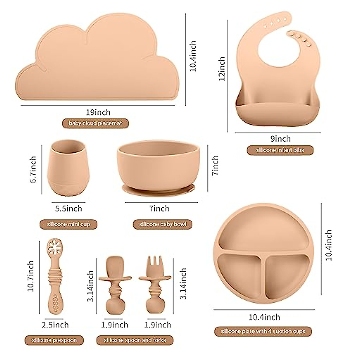 8-PIECE SILICONE BABY FEEDING SET-SUCTION BOWL, DIVIDED PLATE, SIPPY CUP, PRE-POON,BABY FORK, SPOON, ADJUSTABLE BIB, PLACEMAT, FALL, BABY ITEMS, BABY LED WEANING SUPPLIES, BABY LED WEANING UTENSILS