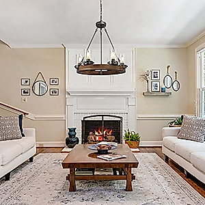 LNC Farmhouse Chandelier, Wood Round Wagon Wheel 6-Light Fixture with Seeded Glass Shades for Dining & Living Room, Bedroom, Kitchen and Foyer